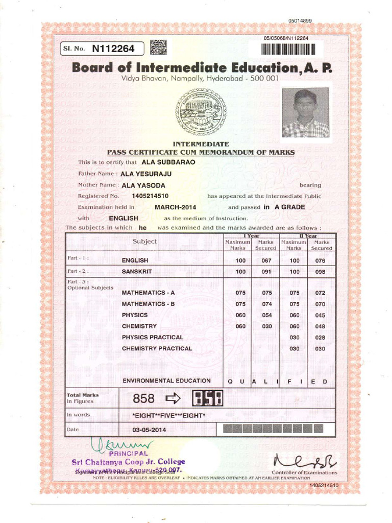 SubbaRao - Inter Marks Memo | PDF