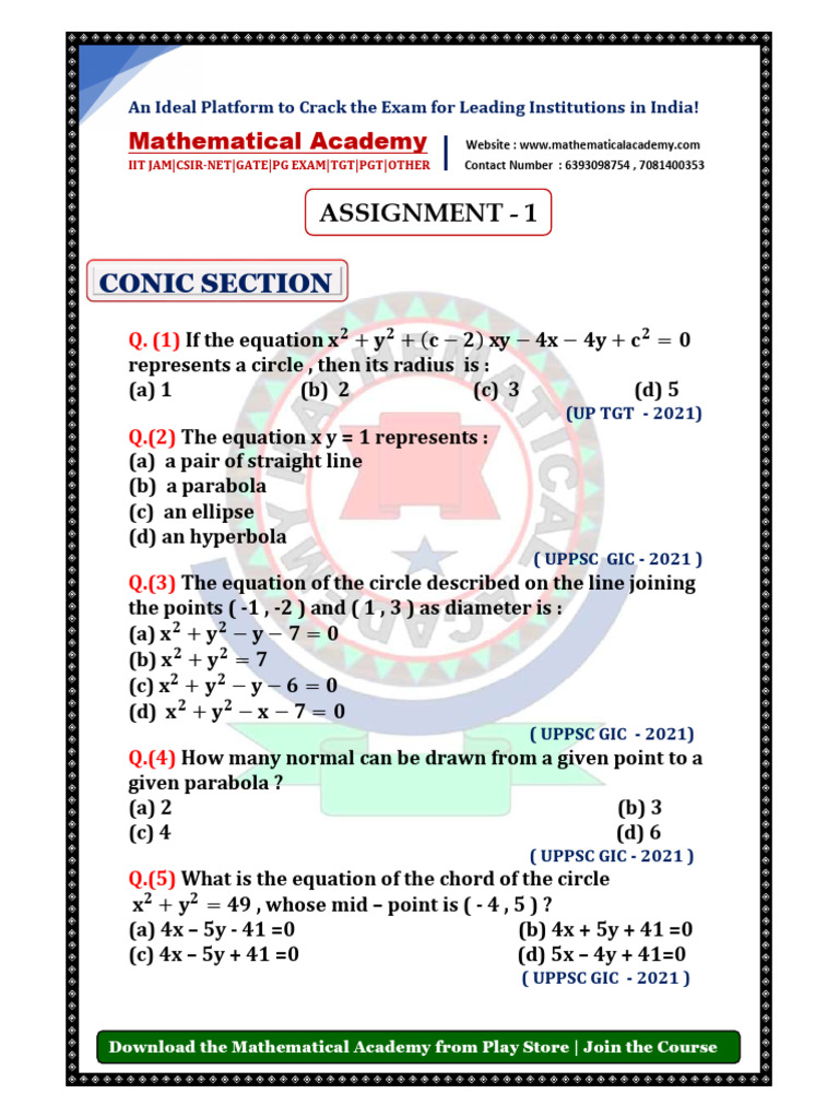 Conic Section Assignment 1 | PDF | Circle | Algebraic Geometry