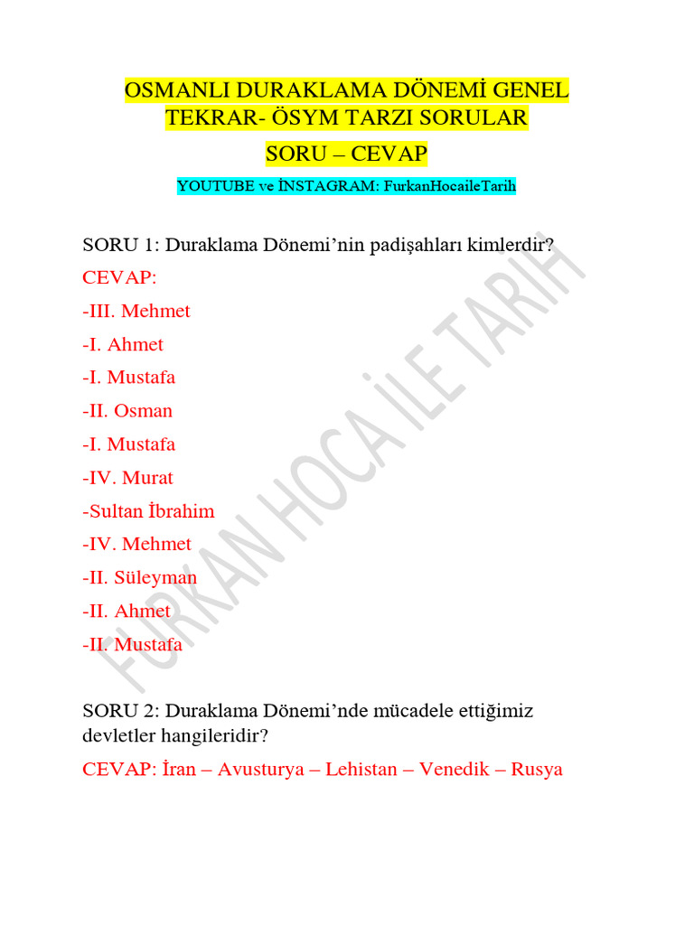 Osmanli Duraklama Dönemi̇ Genel Tekrar 55 Ösym Tarzi Soru 1 | PDF