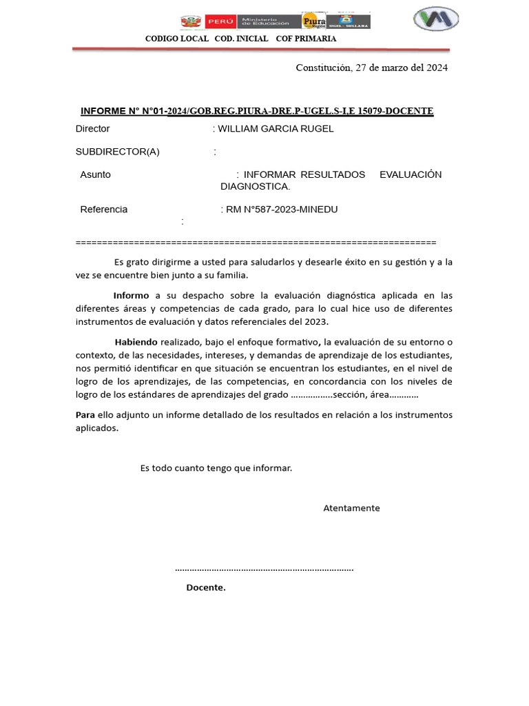 Informe Eval Diagnostica-2024 | PDF | Evaluación | Modificación de comportamiento