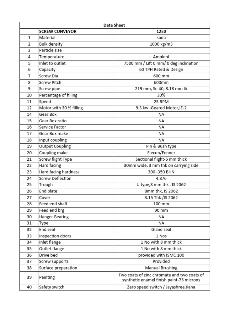 Screw Conveyor Data Sheet | PDF | Manufactured Goods | Mechanical Engineering