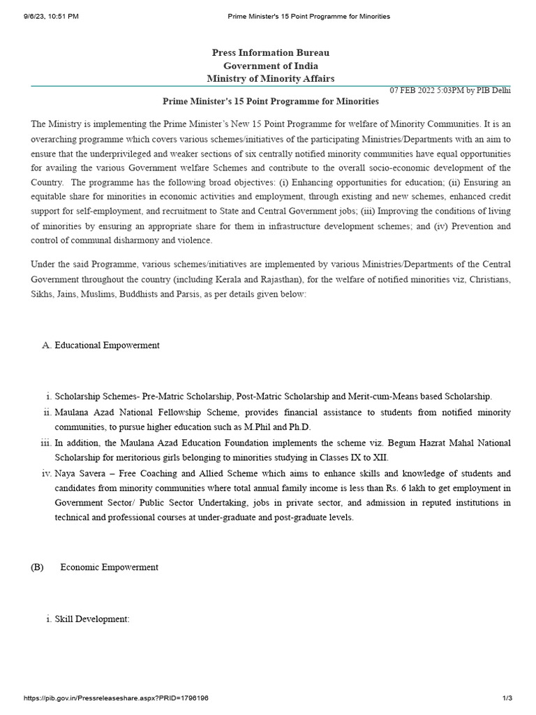 Prime Minister's 15 Point Programme For Minorities | PDF | Government ...