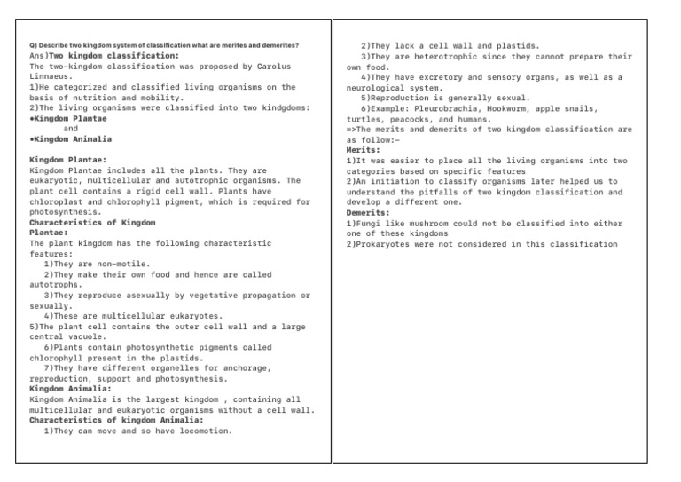 Q) Describe Two Kingdom System of Classification What Are Merites | PDF ...