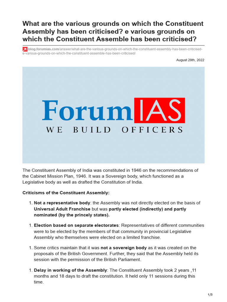 What Are The Various Grounds On Which The Constituent Assembly Has Been ...