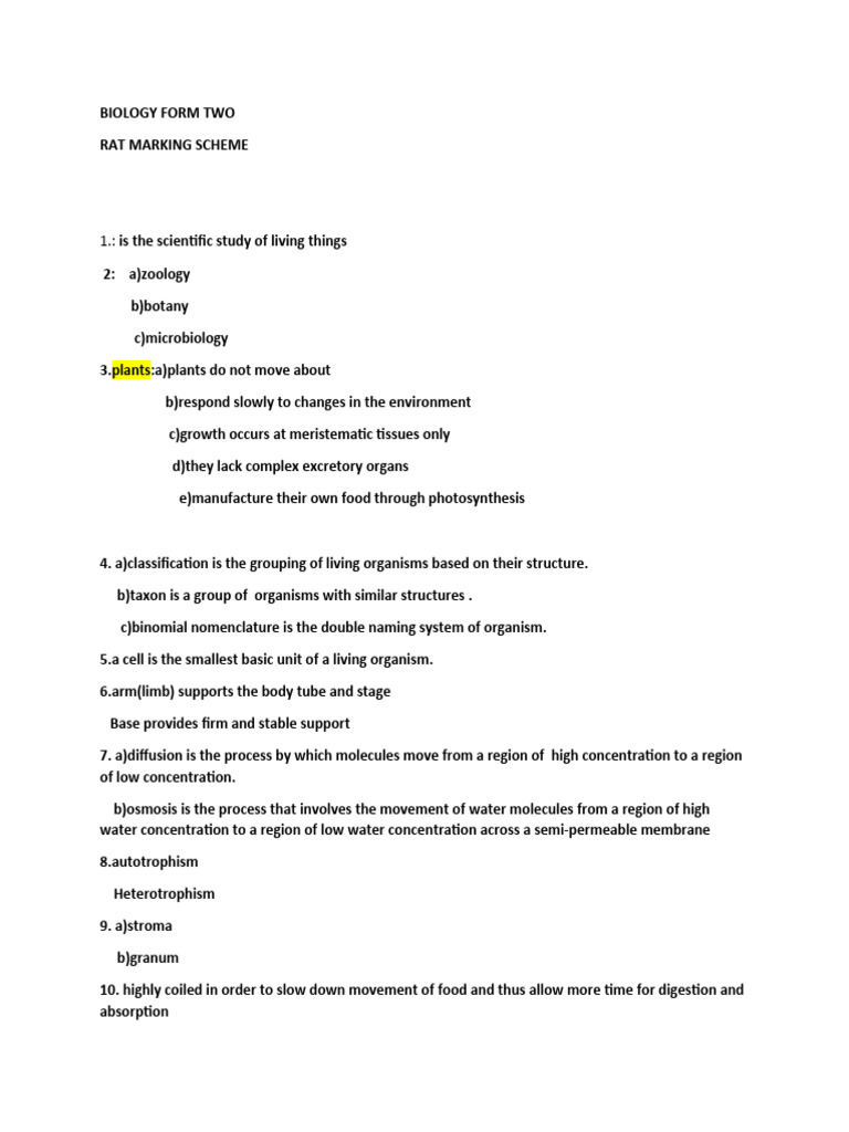 Biology Form Two Marking Scheme | PDF