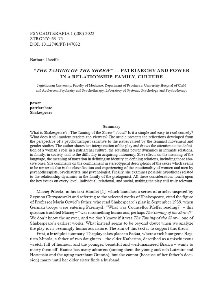 Patriarchy and Power in Shakespeare's Play | PDF | The Taming Of The ...