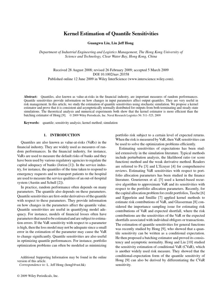 Naval Research Logistics - 2009 - Liu - Kernel Estimation of Quantile Sensitivities | PDF ...