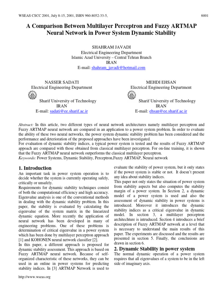 C-2001-A Comparison Between Multilayer Perceptron and Fuzzy ARTMAP Neural Network in Power ...