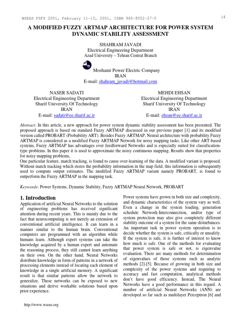 C-2001-A MODIFIED FUZZY ARTMAP ARCHITECTURE FOR POWER SYSTEM DYNAMIC STABILITY ASSESSMENT | PDF