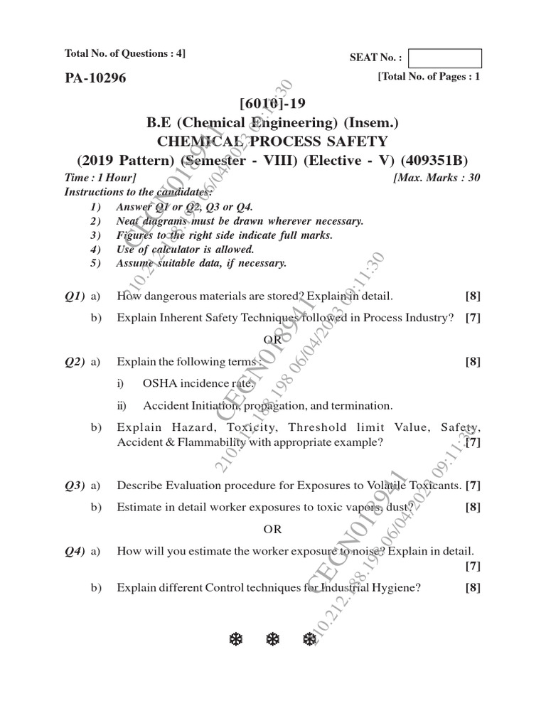 Be Chem1 Chemical Process Safety Ise April6 | PDF | Labor Relations | Workplace