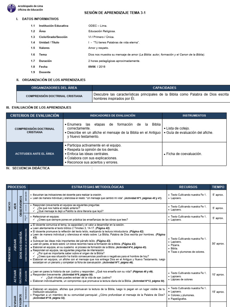 Tema 3 Primer Grado | PDF | Evaluación | Biblia