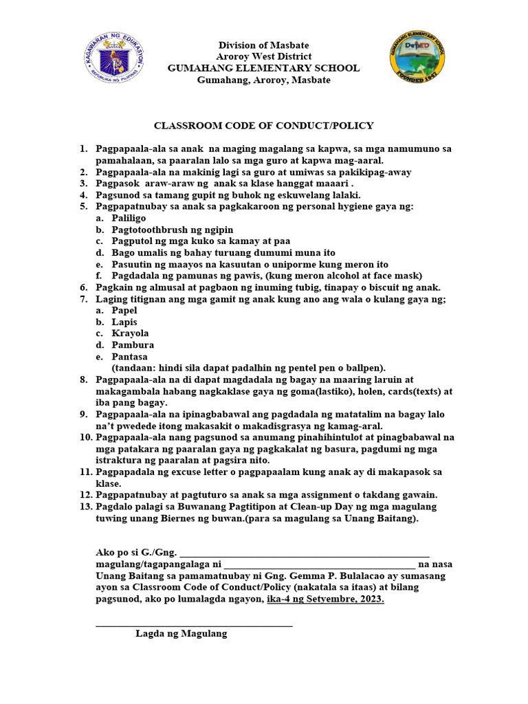Classroom Code of Conduct | PDF