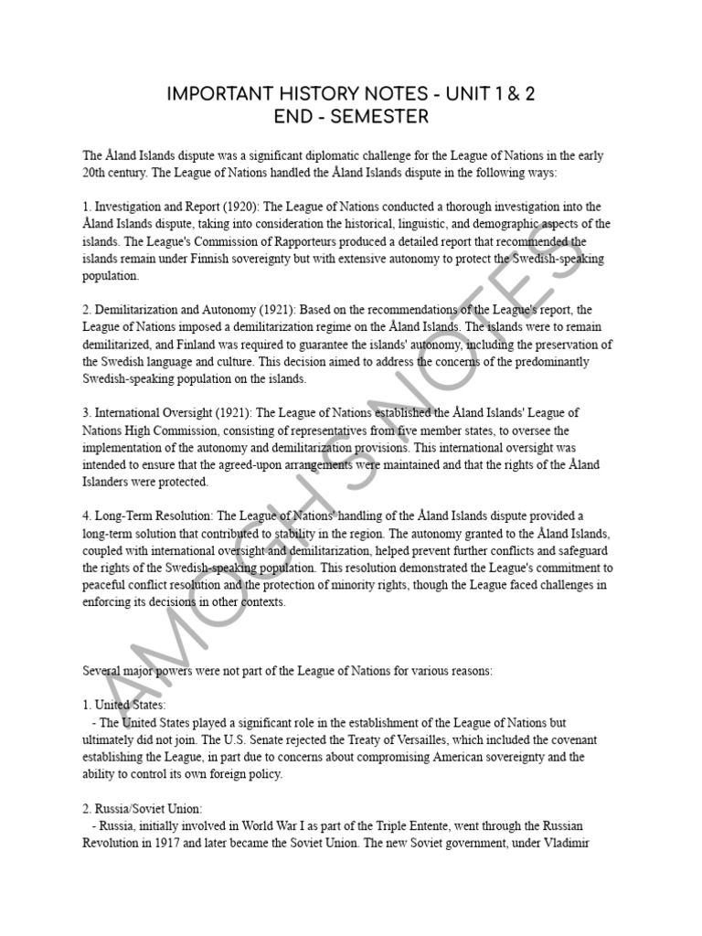 Histroy Notes - Important | PDF | League Of Nations | Treaty Of Versailles