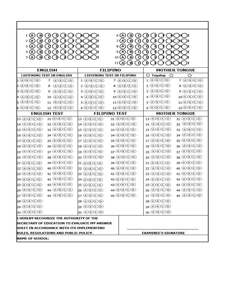 Grade 4 ELLNA Answer Sheet Template | PDF | Tagalog Language