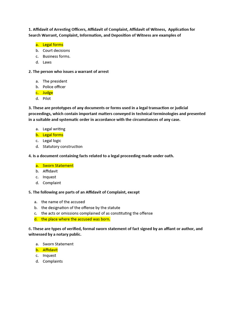 Cdi 8 Review Questionnaire | PDF | Affidavit | Arrest