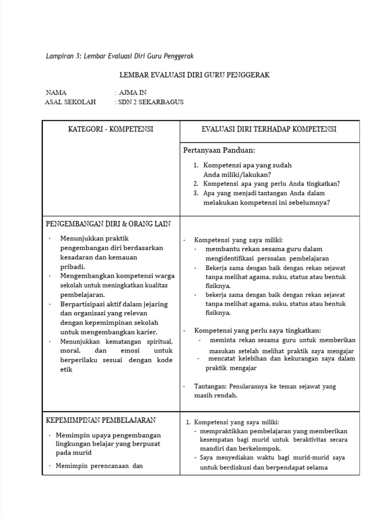 PDF Lampiran 3 Lembar Evaluasi Diri Guru Penggerak Compress | PDF | Karier & Perkembangan ...