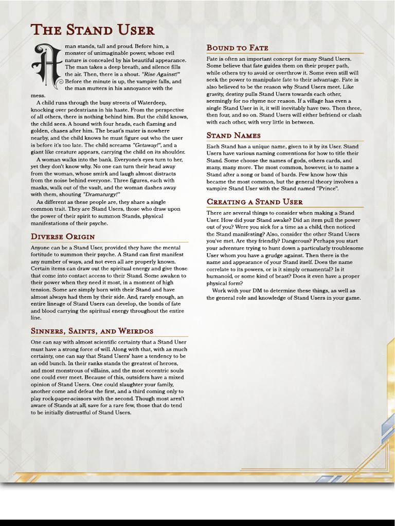 Stand User Class Features Guide | PDF | Military Operations | Battles