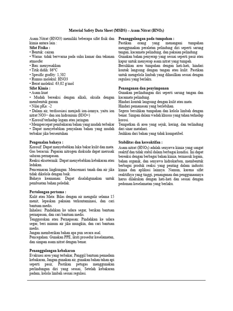 MSDS Asam Nitrat: Bahaya dan Penanganan | PDF