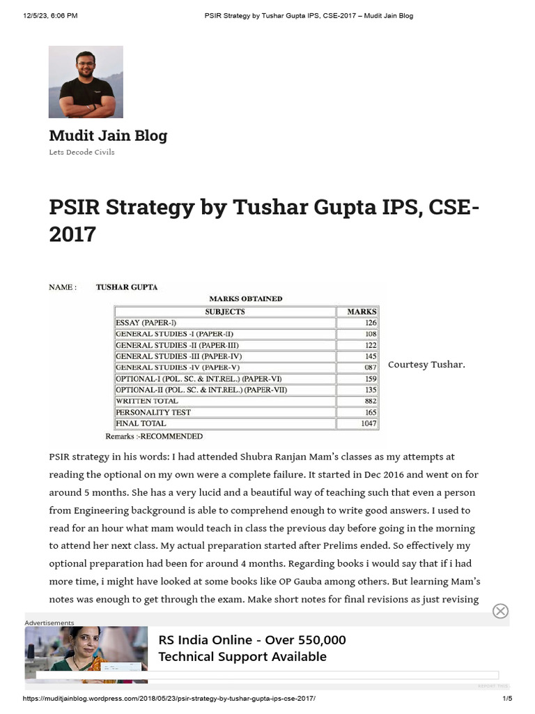 PSIR Strategy by Tushar Gupta IPS, CSE-2017 - Mudit Jain Blog | PDF
