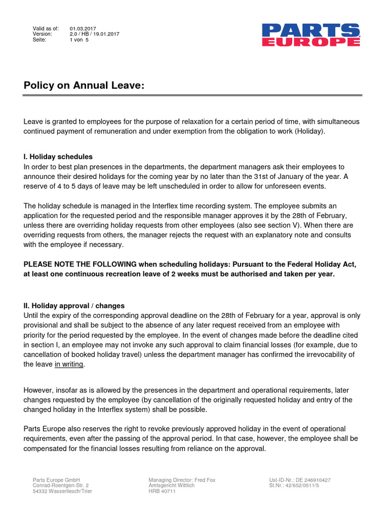 Parts Europe Annual Leave Policy | PDF | Employment | Temporary Work
