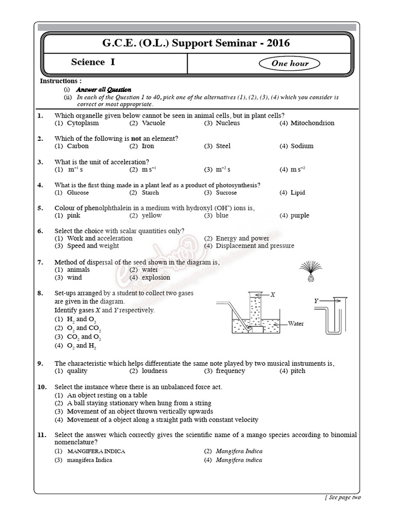 G.C.E. (O.L.) Support Seminar - 2016: Science I | PDF | Acid | Molecules