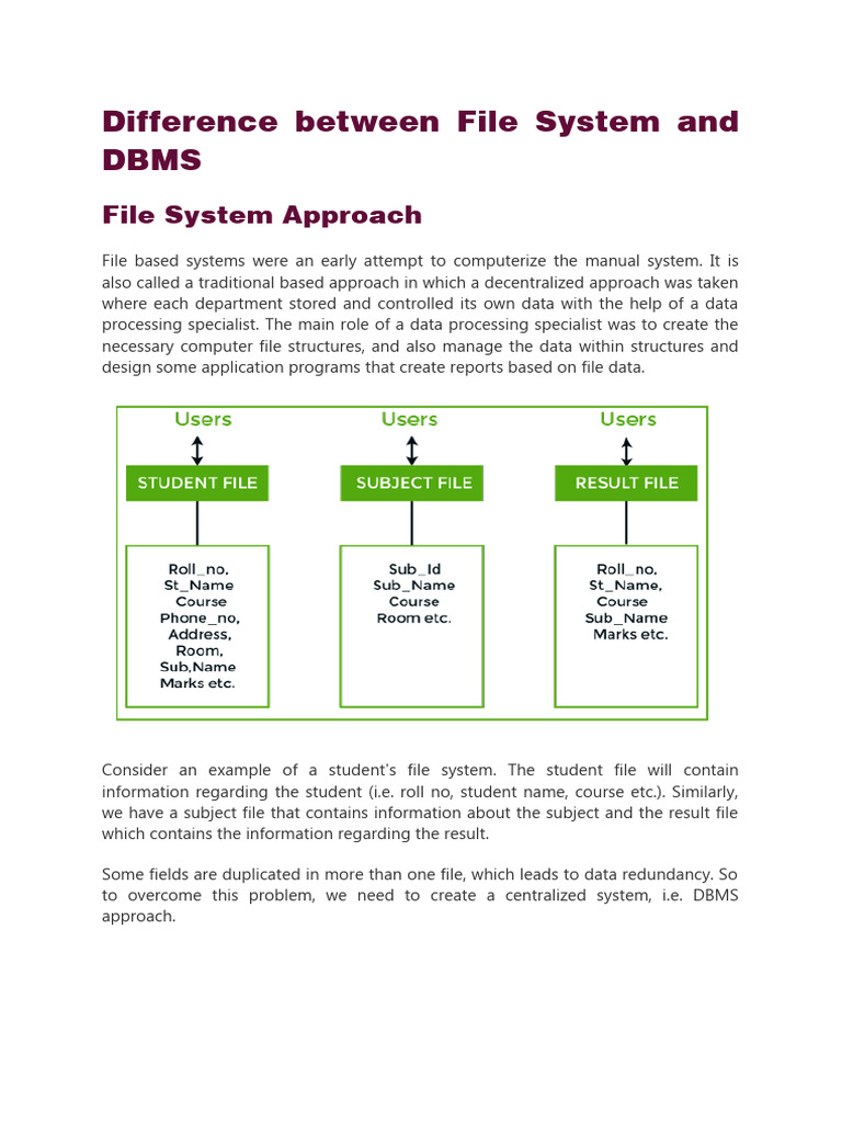 Difference Between File System and DBMS | PDF
