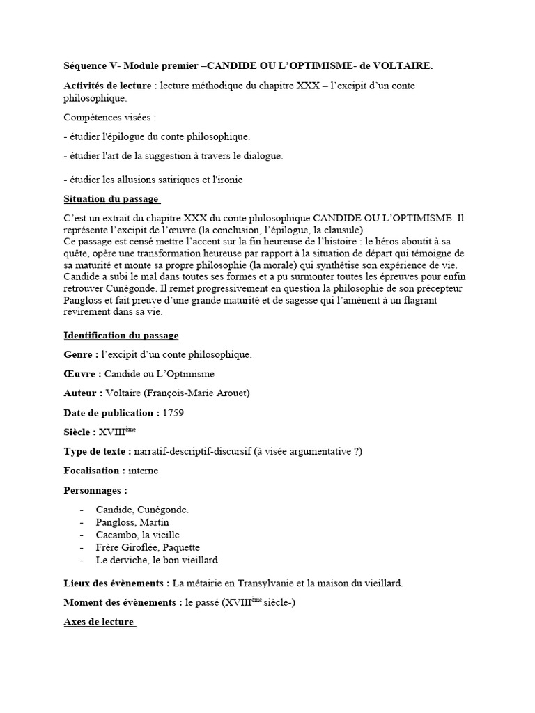 Chapitre XXX Candide Fiche | PDF | Candide | Phrase