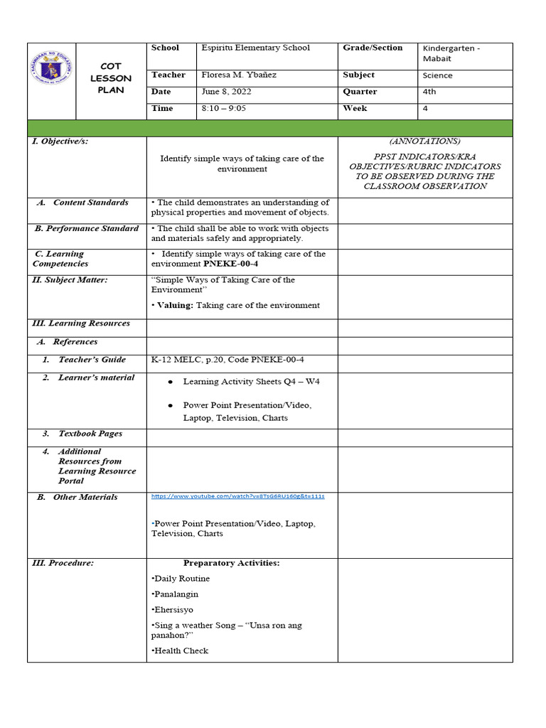 Kindergarten Environment Care Lesson Plan | PDF | Learning | Teachers