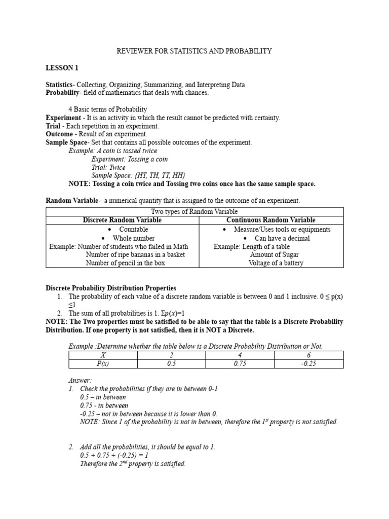 Reviewer For Statistics and Probability | PDF | Probability Distribution | Random Variable