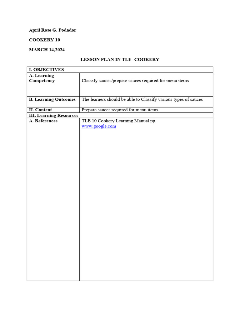 6TH Lesson Plan | PDF | Sauce | Butter