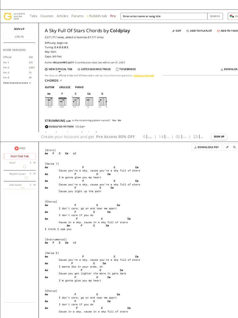 A SKY FULL OF STARS CHORDS (Ver 2) by Coldplay @ | Download Free PDF | Guitars | Song Structure