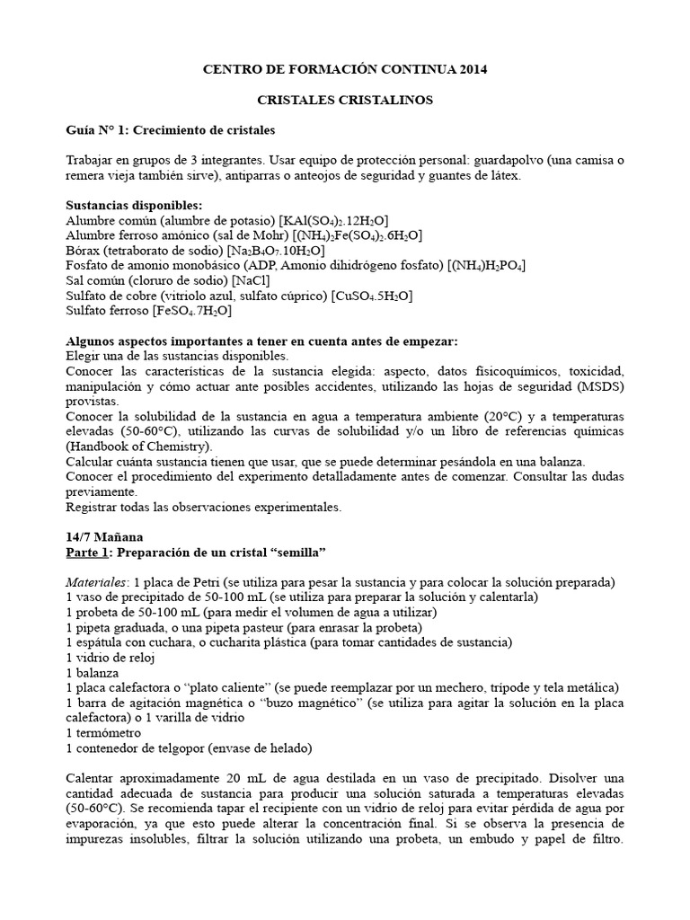 Guía 1 Crecimiento De Cristales Pdf Solubilidad Lentes