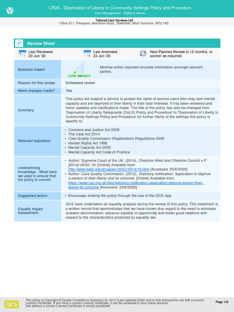 CR26-Deprivation of Liberty in Community Settings Policy and Procedure | PDF | Social Work ...