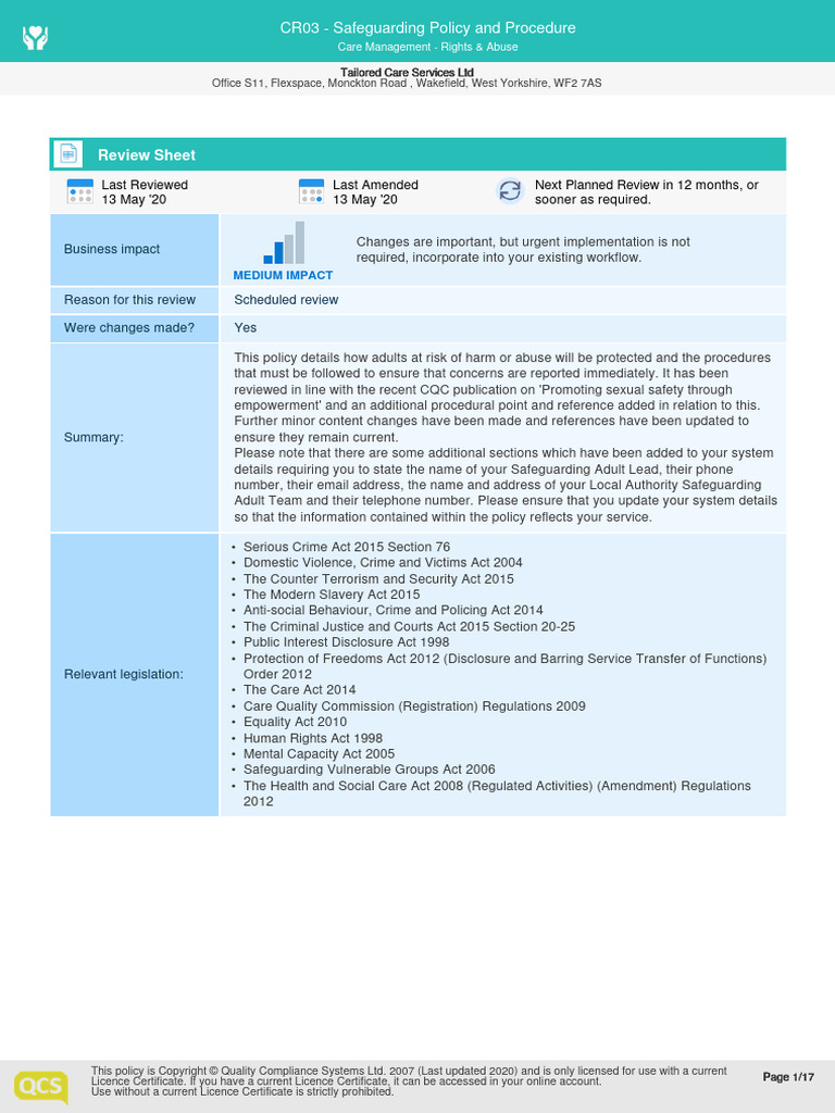 CR03-Safeguarding Policy and Procedure | PDF | Social Work | Risk