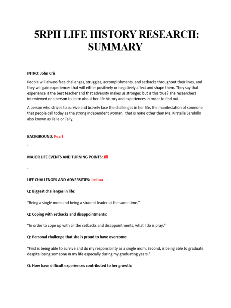 RPH Life History Research Summary | PDF | Life | Humility