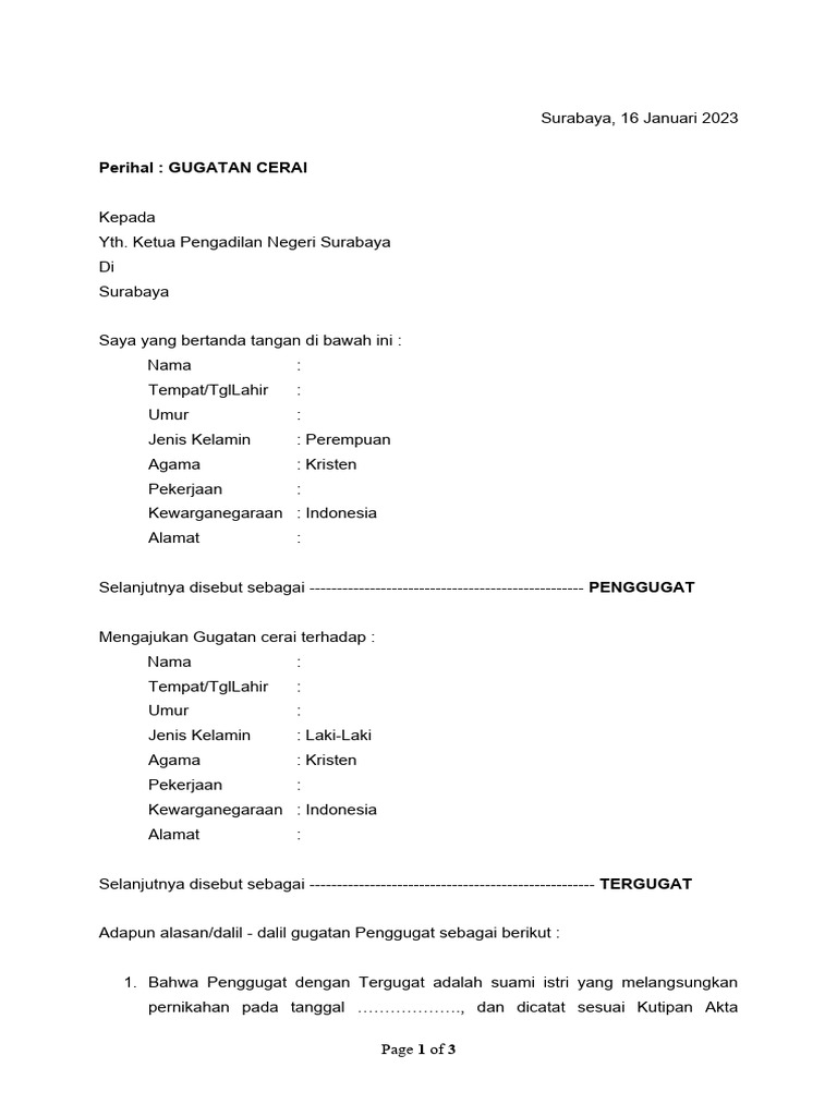 Draft Gugatan Cerai | PDF