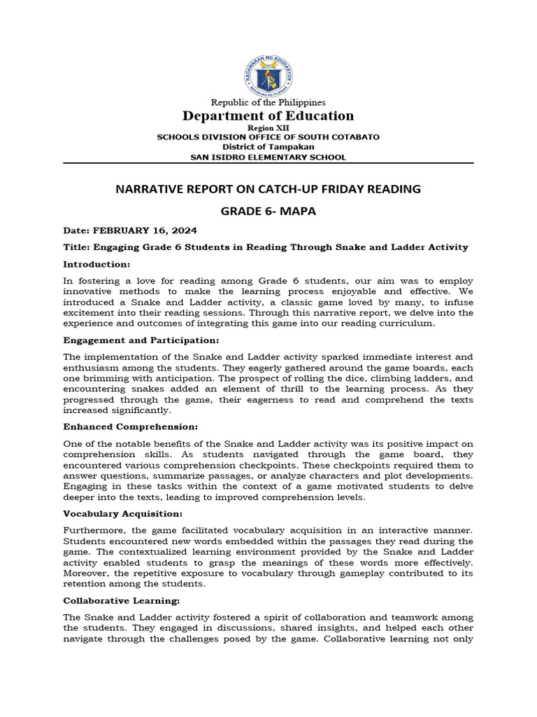 Narrative Report On Catch Up Friday Reading 3 | PDF | Reading Comprehension | Behavior Modification