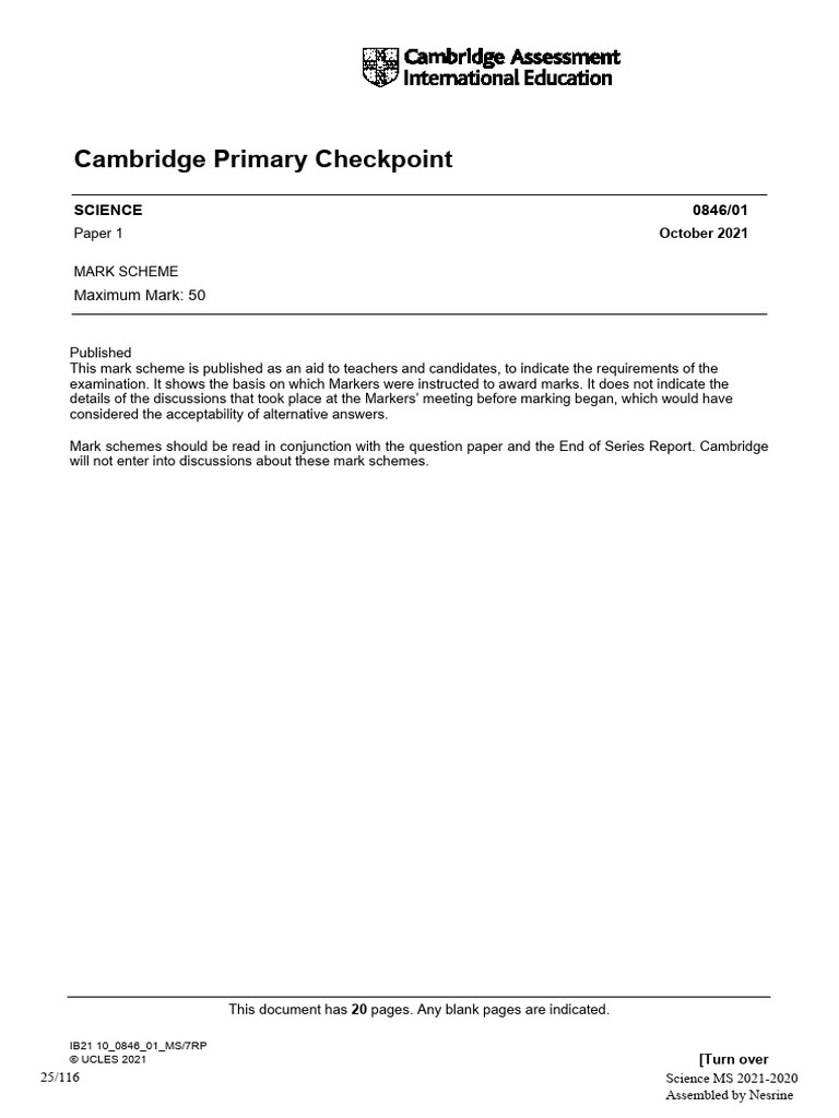 Cambridge Primary Checkpoint - Science (0846) October 2021 Paper 1 MS ...