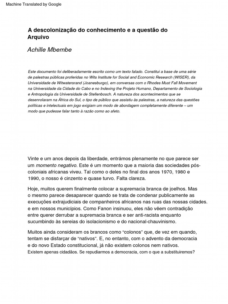 Achille Mbembe - Decolonizing Knowledge and The Question of The Archive ...