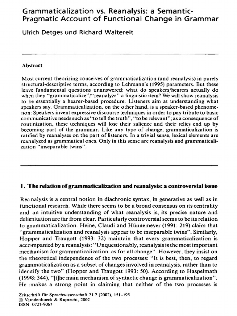 Grammaticalization vs. Reanalysis, A SemanticPragmatic Account of ...