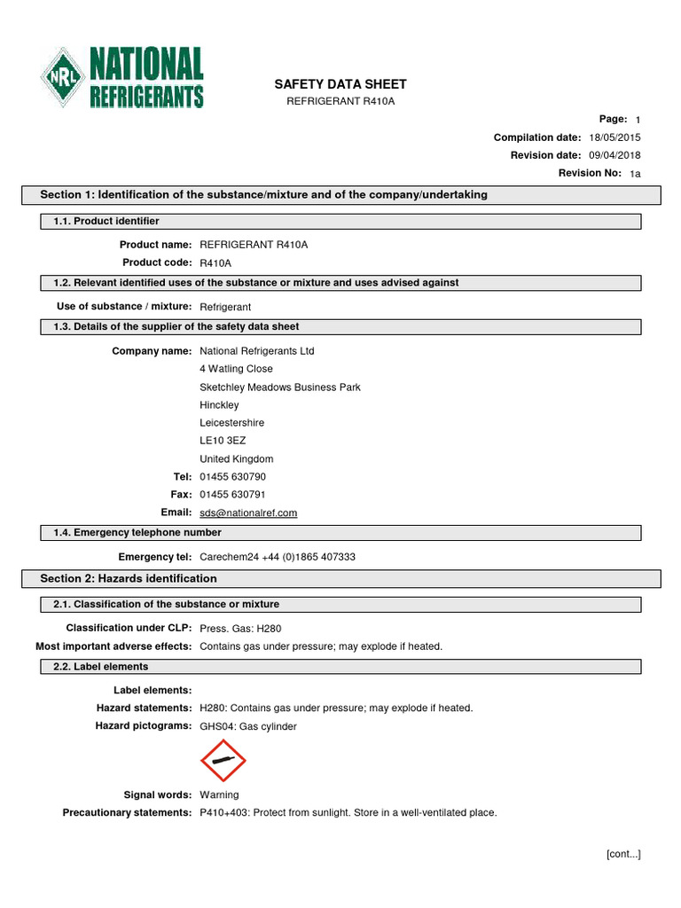 R410A Refrigerant Safety Data Sheet | PDF | Waste Management | Toxicity