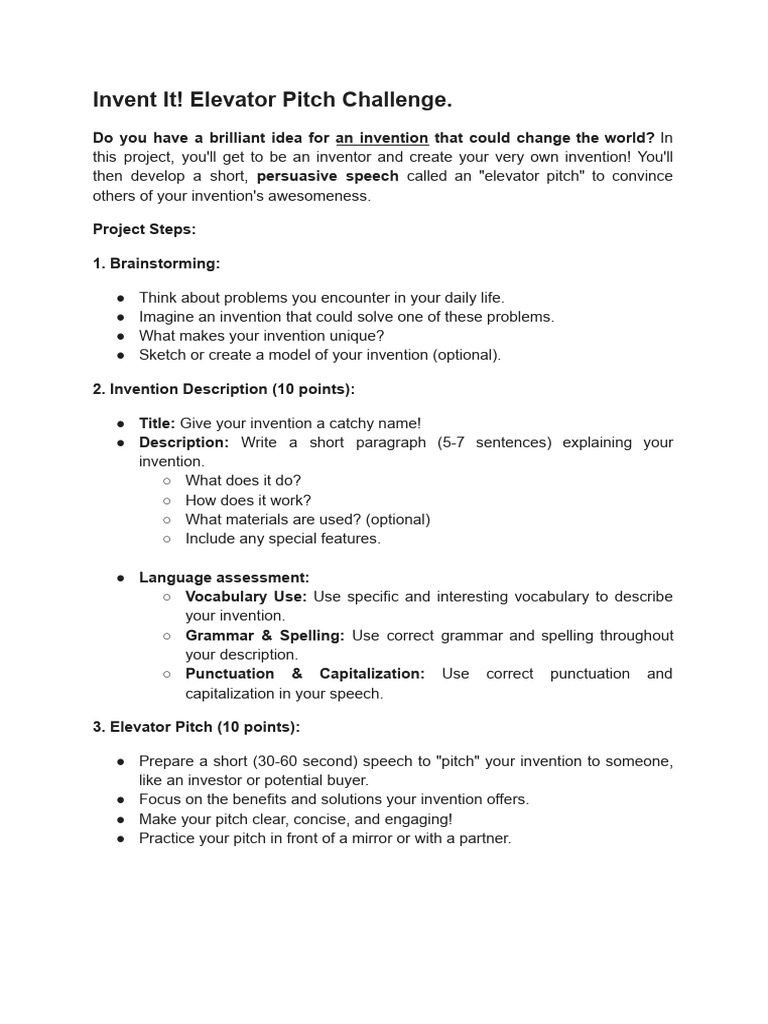 Inventor's Elevator Pitch Guide | PDF | Invention | Human Communication