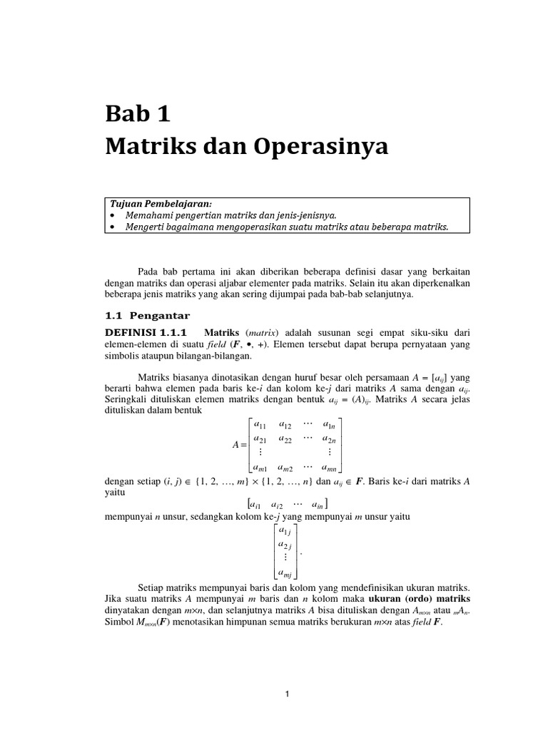 Matriks Dan Operasinya | PDF | Metode & Bahan Ajar