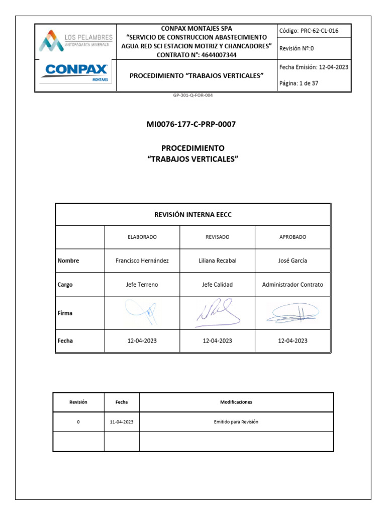 MI0076-177-C-PRP-0007 Procedimiento Trabajo Verticales REV 0 | PDF | Seguridad y salud ...