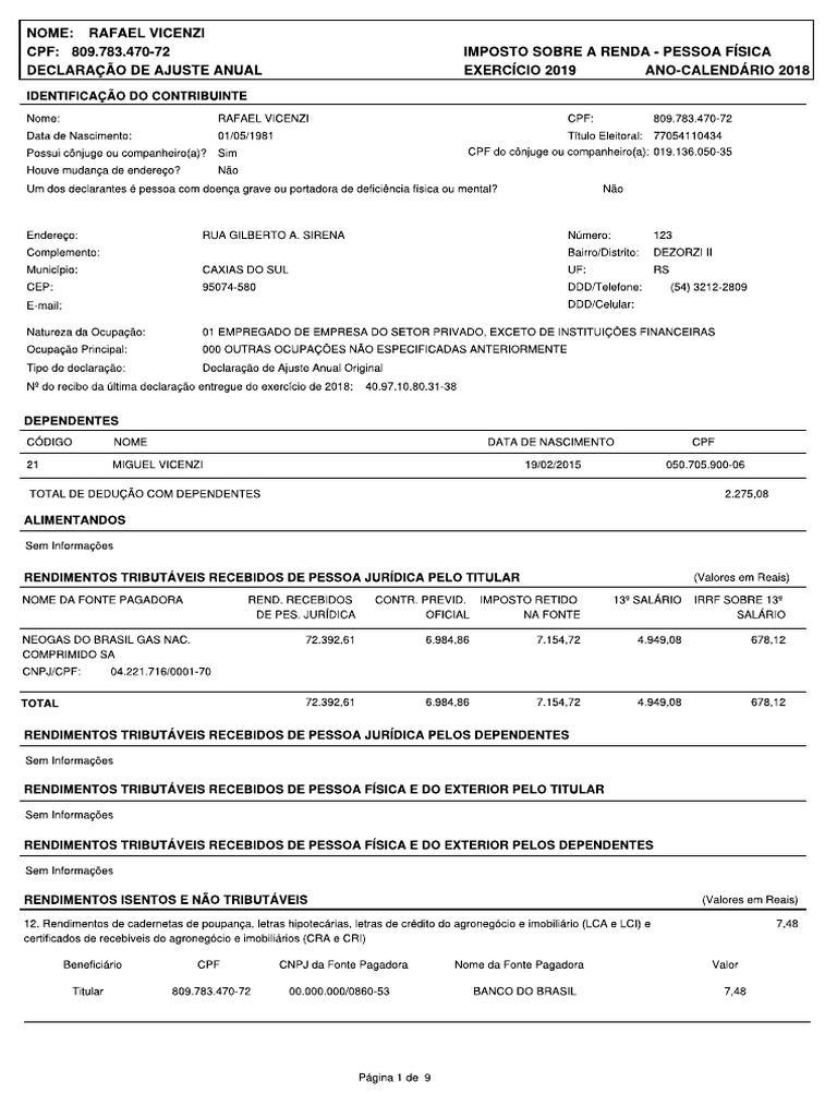 IRPF 2019 2018 Origi Imagem Declaracao | PDF