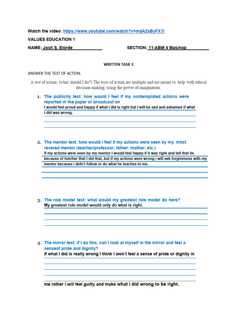 Performance Task 3 Values 1 | PDF