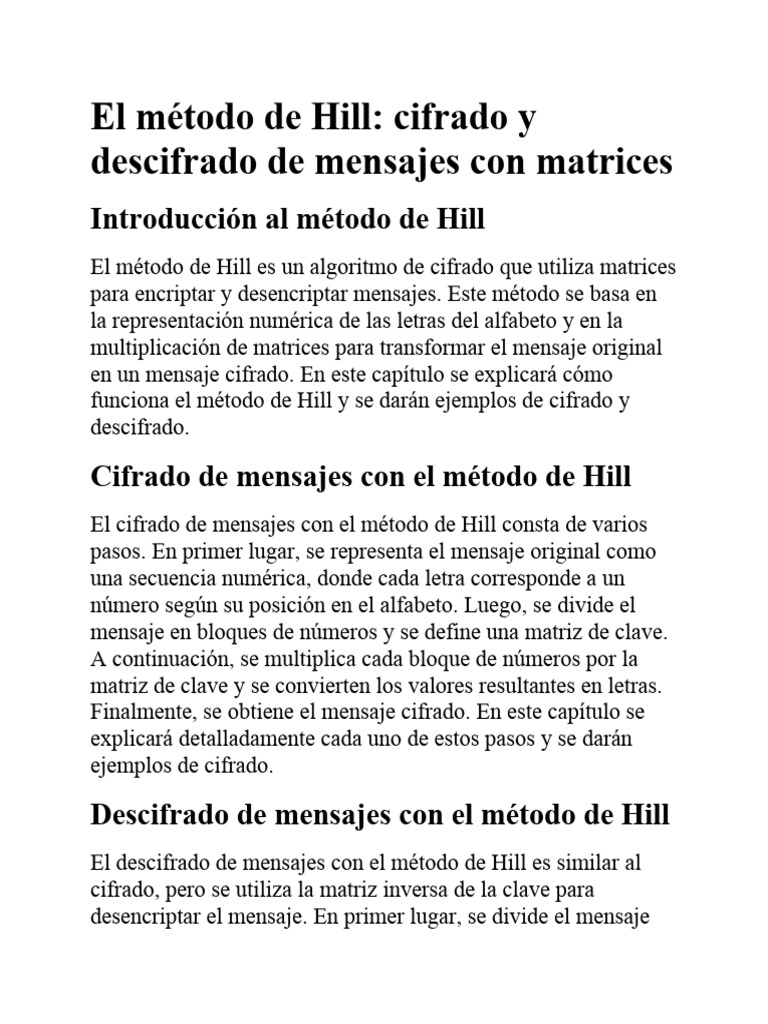 Resumen_ El método de Hill_ cifrado y descifrado de mensajes con matrices | PDF
