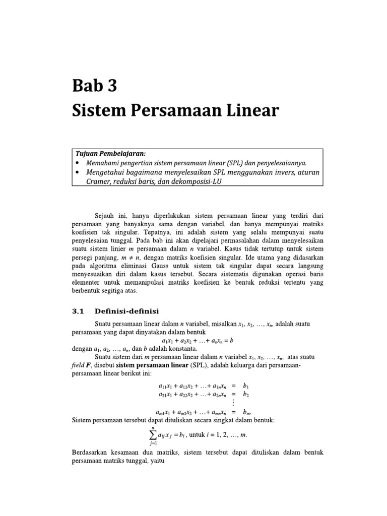 Diktat Aljabar Linear - Sistem Persamaan Linear | PDF