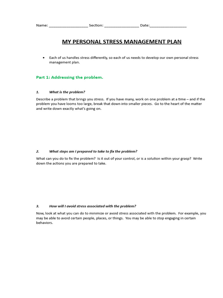 Personal Stress Management Plan Guide | PDF | Social Psychology | Emotions