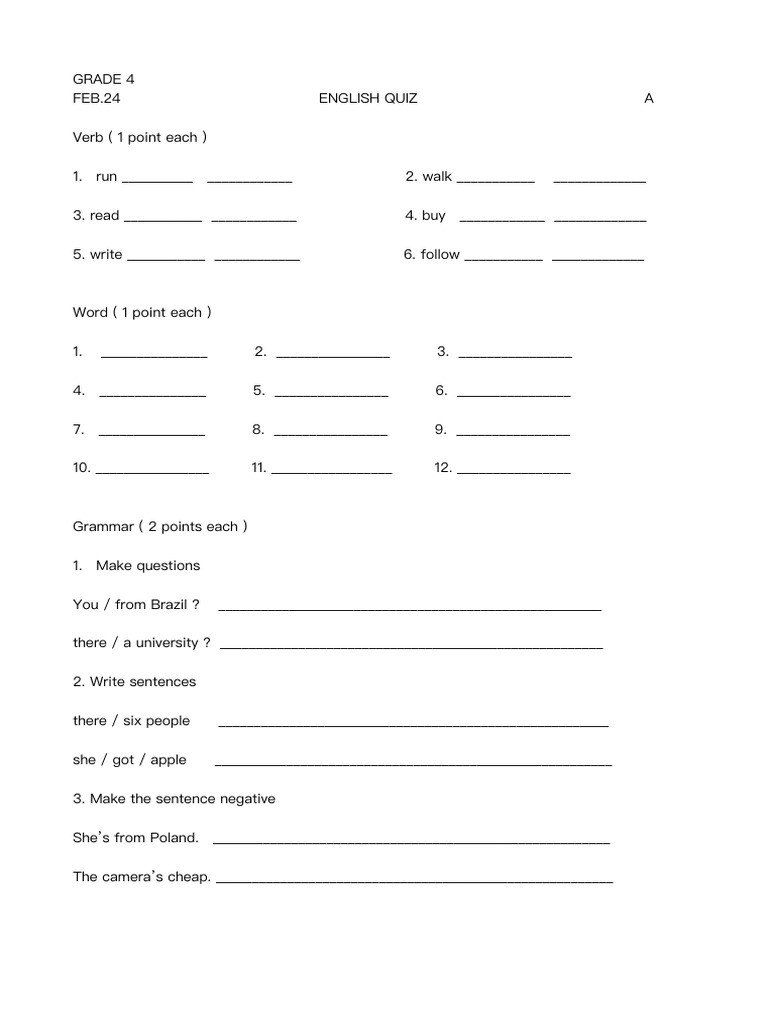 Grade 4 English Quiz 1 | PDF | Teaching Methods & Materials